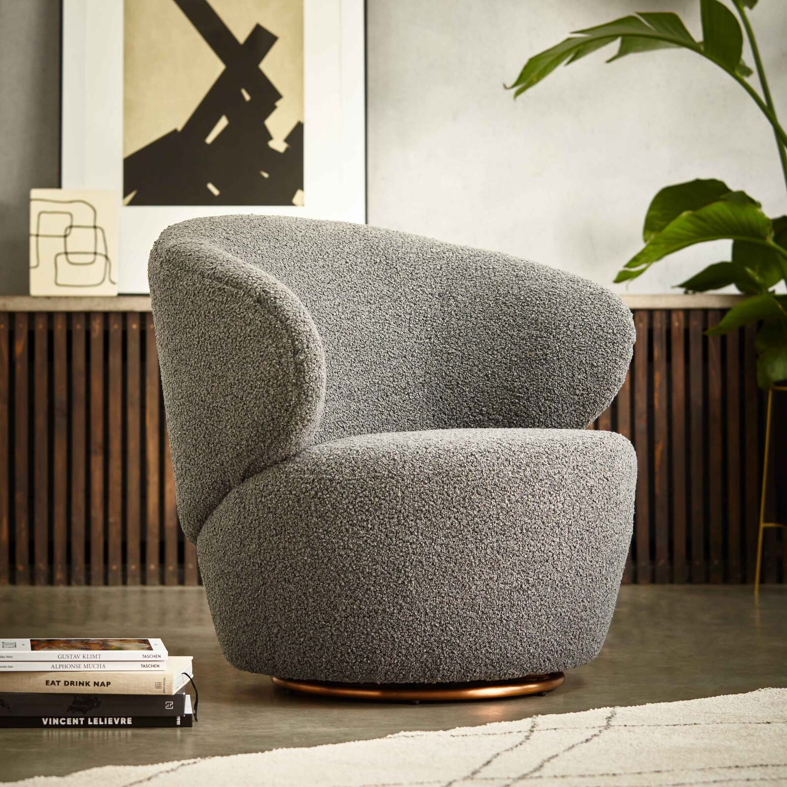 Sillón acogedor de bucle y madera FSC giratorio gris | Oviala