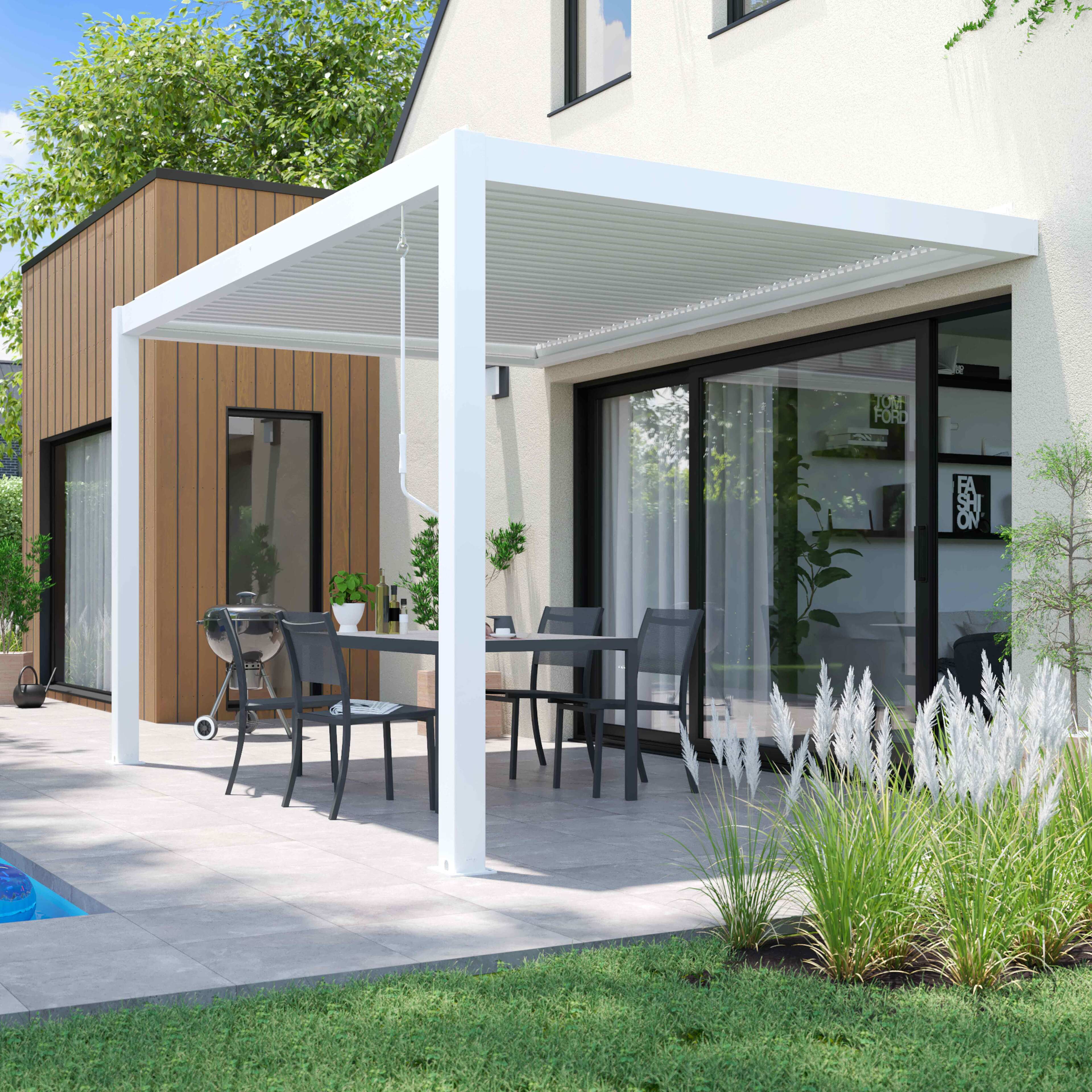 Pérgola bioclimática adosada de 3x4m en aluminio blanco | Oviala